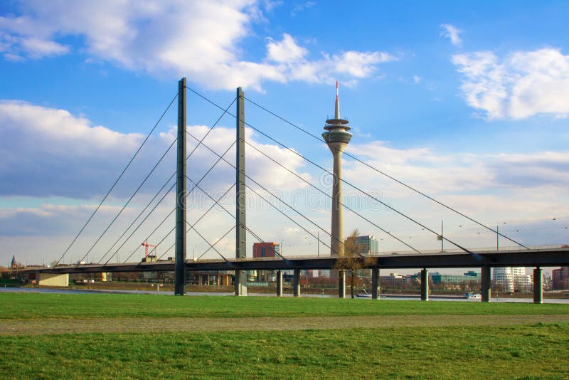 Rhine Knie Bridge and Rheinturm Stock Photo - Image of germany, popular ...