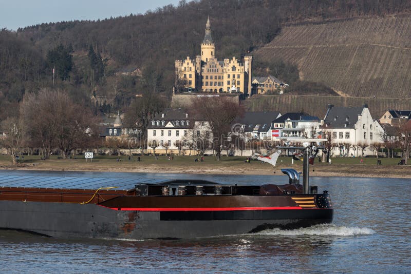 Rhine River Landscape with Ship and Castle Stock Photo - Image of rhine ...