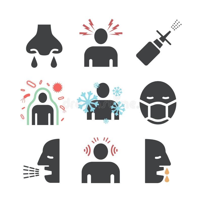 Rhinitis Icons Set. Symptoms, Treatment. Icons Set. Vector Signs for ...