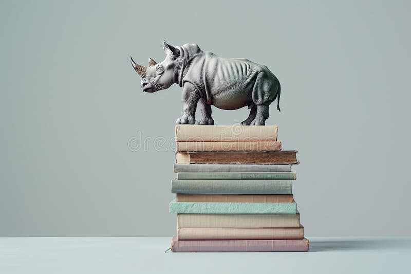 Rhino Figurine on Top of a Stack of Old Books, Representing Education ...