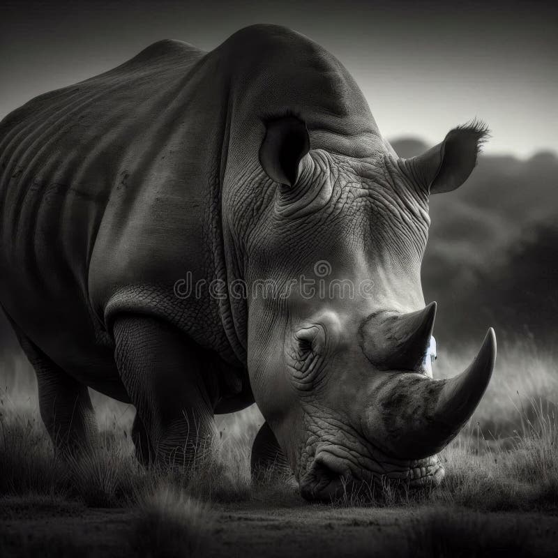 A Rhino Grazing Quietly, with a Fierce and Vigilant Expression Stock ...