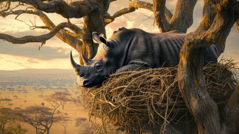 A Rhino Lies on the Back of a Nest in a Tree Stock Image - Image of ...