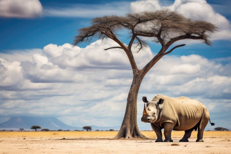 Rhino on the Morning Walk Under the Tree Stock Illustration ...