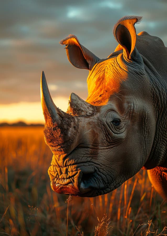 A Rhino is Standing in a Field with the Sun Setting Behind it Stock ...