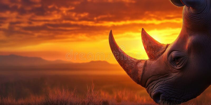 Rhino is Standing in a Field with a Sunset in the Background Stock ...