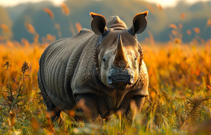 A Rhino is Standing in a Field of Tall Grass. the Rhino is Looking at ...