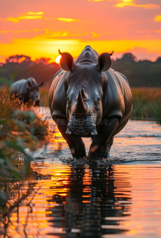 A Rhino is Standing in a River with the Sun Setting in the Background ...