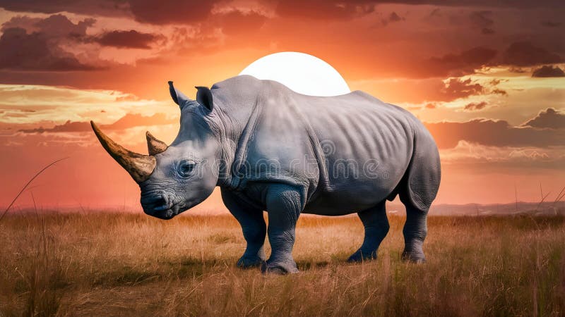 Rhino at sunset stock illustration. Illustration of bovine - 346458723