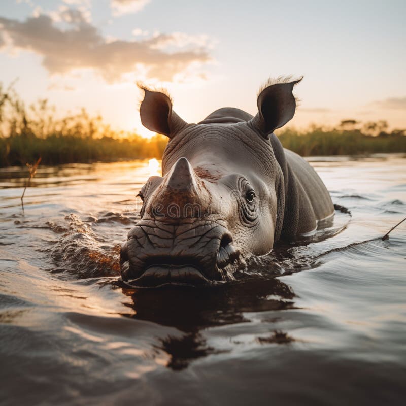 A Majestic Rhino Swimming at Sunset Stock Image - Image of environment ...