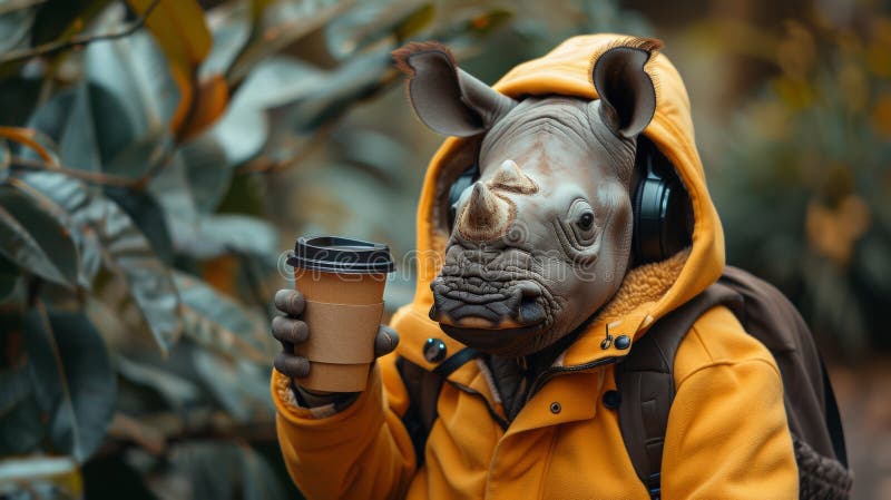 A Rhino Wearing a Yellow Jacket and Holding Coffee, AI Stock Image ...