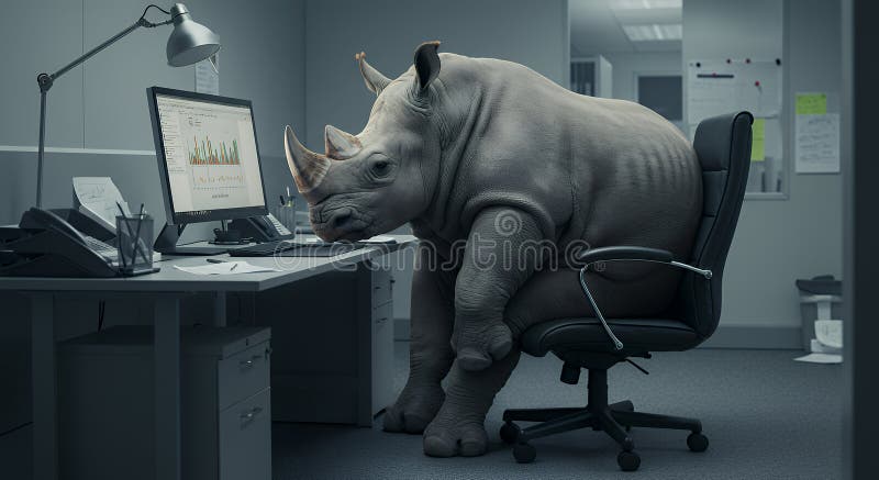 Rhino Working at Office Desk Analyzing Charts on Computer Screen Stock ...