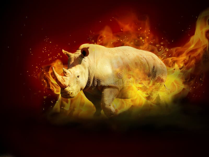 Rhinoceros in flames stock image. Image of fire, burn - 96247313