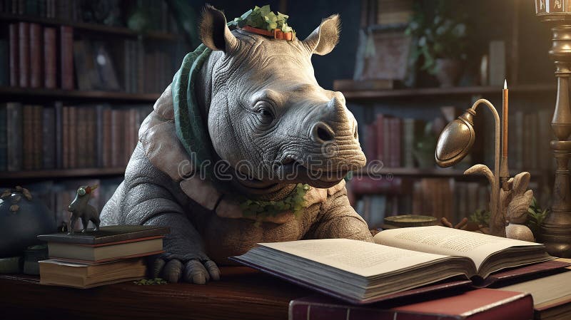 Rhinoceros Reading a Book in the Library. Generative AI Technology ...