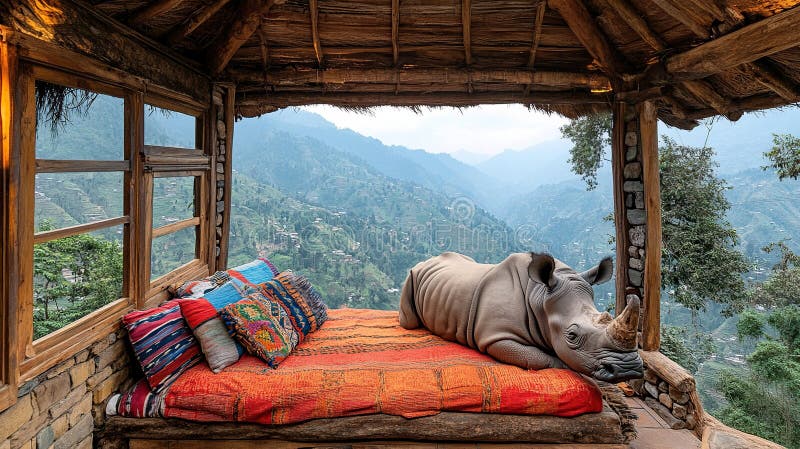 Rhinoceros Resting in Mountain Hut with Panoramic View Stock ...