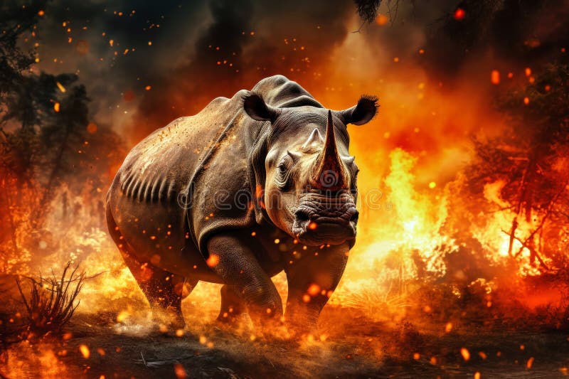 A Rhinoceros Running Urgently in Front of a Raging Fire in the Forest ...