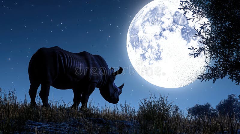 Rhinoceros Silhouette Illuminated by Moonlight in a Starry Night Sky ...