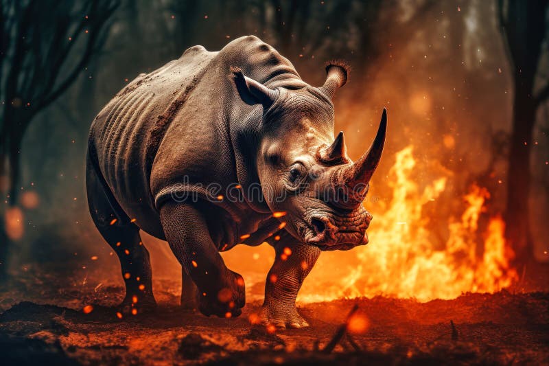 A Rhinoceros Stands in Front of a Raging Fire in the Forest ...