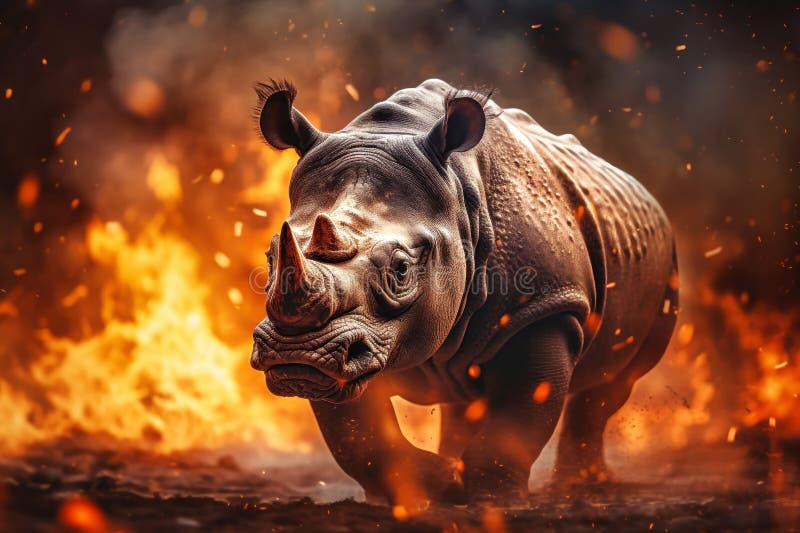 A Rhinoceros Stands in Front of a Raging Fire in the Forest ...