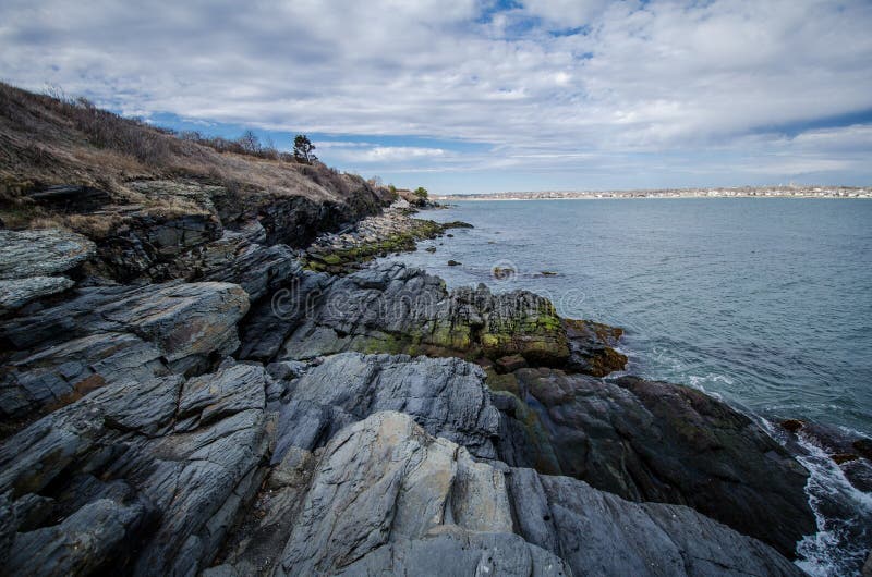 Rhode Island Cliff Walk Shows Breaking Waves Along the Rocky Shoreline ...
