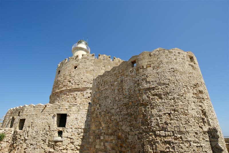 Rhodes Tower of St. Nicholas, Greece Stock Image - Image of skylight ...