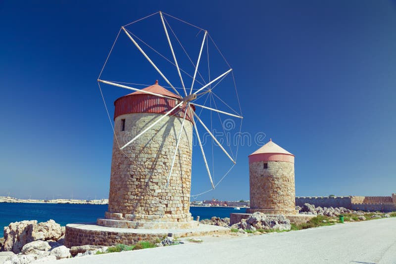 Rhodes Windmills - Wiatraki Rhodes, Greek Stock Image - Image of travel ...