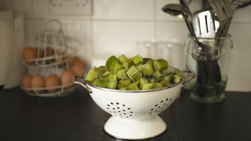 Rhubarb Sliced Up and Cut Ito a Collander Stock Image - Image of ...