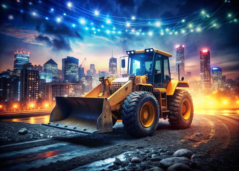 Powerful Loader Operates Under City Lights during Night Construction ...