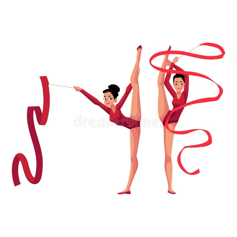 Rhythmic Gymnasts in Leotards, Vertical Leg Split, Exercising with ...