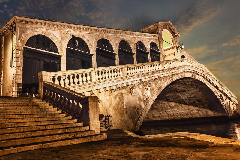Venice, Rialto Bridge Stairs At Night, Italy Stock Photo - Image of ...