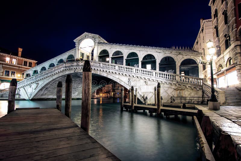 Rialto Bridge at Night, Venice, Italy Stock Image - Image of attraction ...