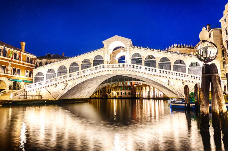 The Rialto Bridge in Venice, Night View Stock Photo - Image of italian ...