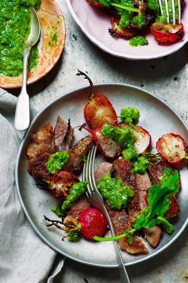 RIB-EYE STEAKS with RADISH GREENS CHIMICHURRI SAUCE.style Rustic Stock ...