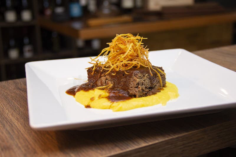 Rib with Mashed Manioc and Fried Onion Stock Photo - Image of ribs ...