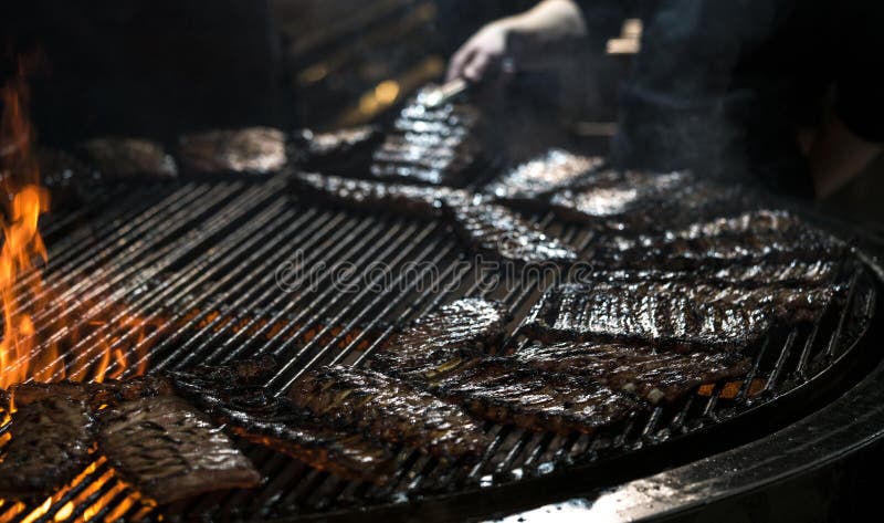 Rib Restaurant, the Process of Preparing Pork Ribs on an Open Fire ...