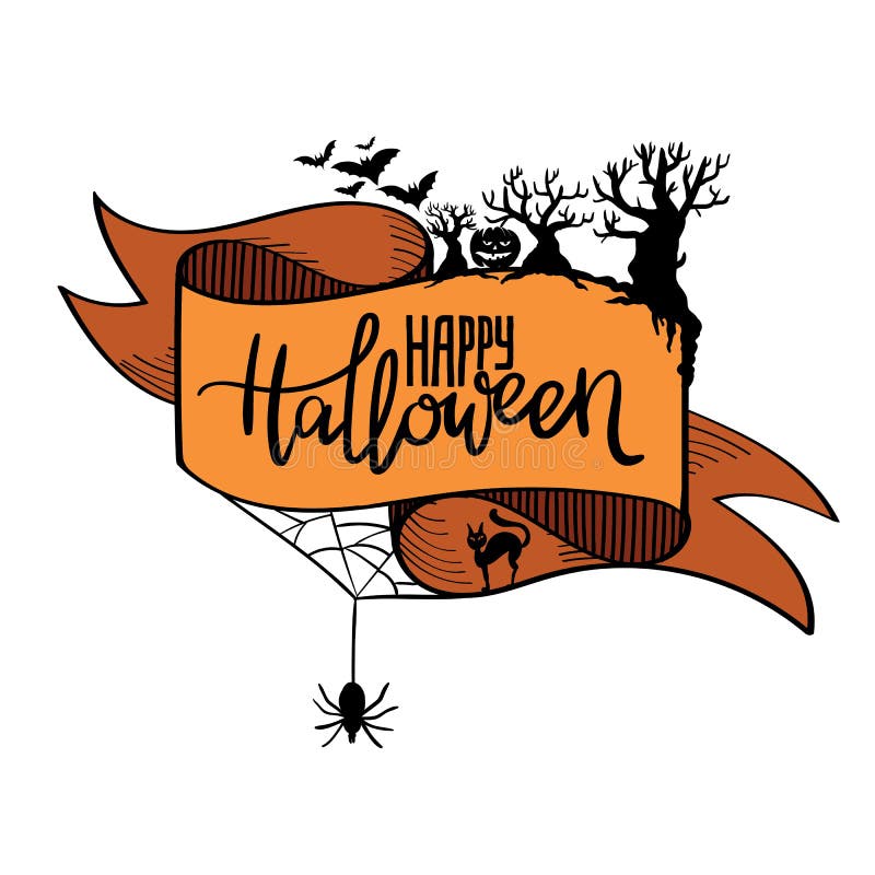 Ribbon Banner Happy Halloween. Calligraphy. Stock Vector - Illustration ...