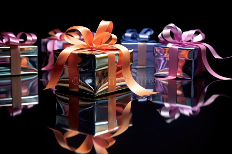 Ribbon-covered Gift Boxes on a Reflective Surface Stock Photo - Image ...