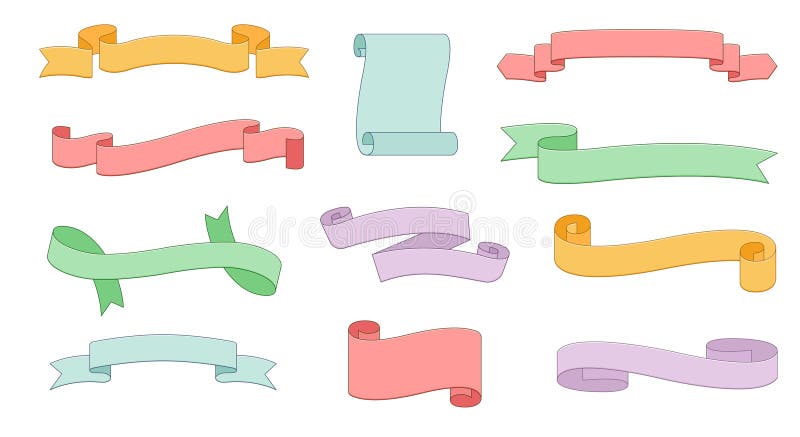 Full Color Set of Curve Ribbons Flat Style Isolated on White Background ...