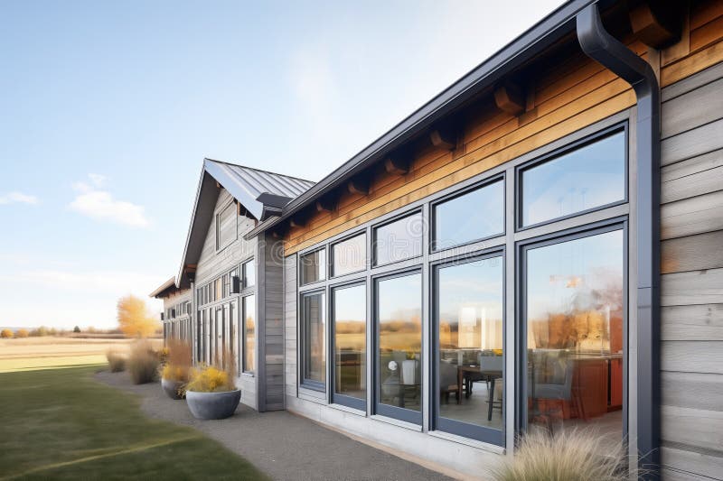 Ribbon Windows on Prairie Barn Conversion, Rustic and Modern Stock ...