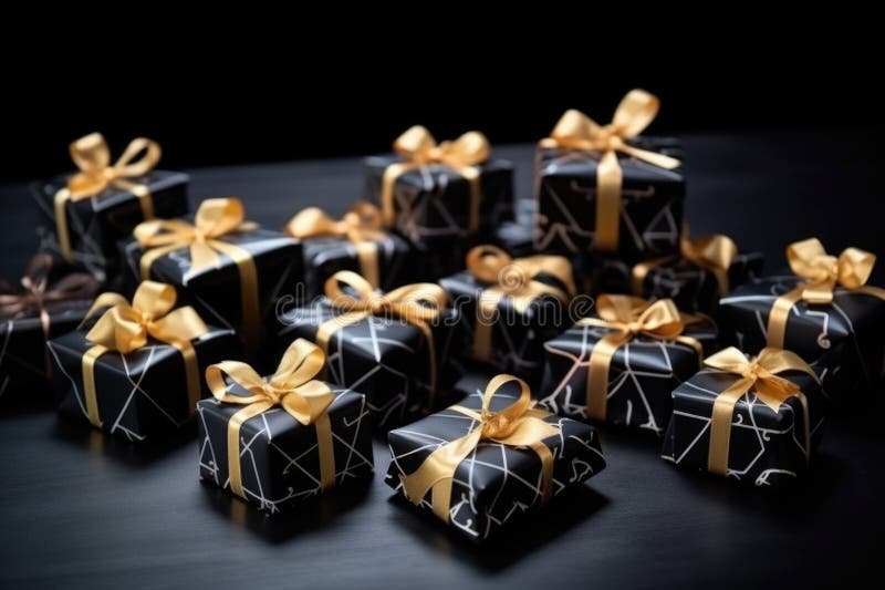 Ribbon-wrapped Small Gift Boxes on Black Table Stock Illustration ...