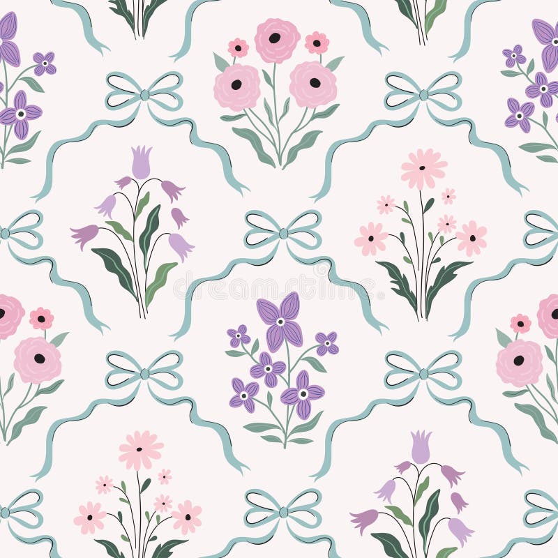 Vintage Seamless Pattern with Spring Floral Bouquets and Coquette ...