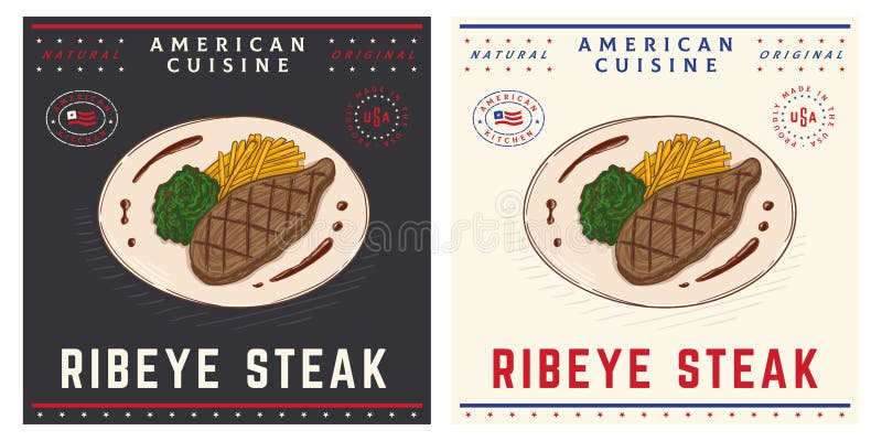 Ribeye Steak with French Fries and Spinach Stock Vector - Illustration ...