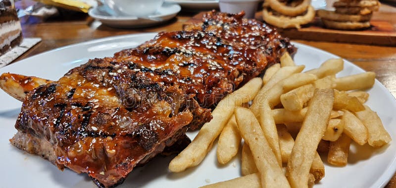 Ribs Barbeque Bbq Fries Delicious Dinner Plate Stock Photo - Image of ...
