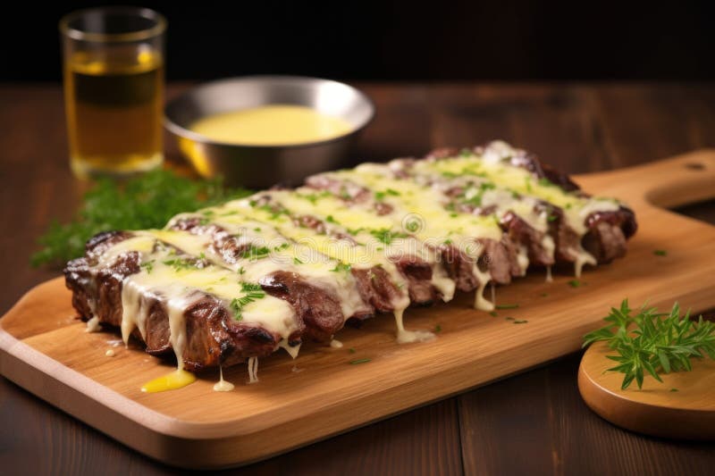 Ribs with Melted Cheese on Top, on a Wooden Tray Stock Image - Image of ...