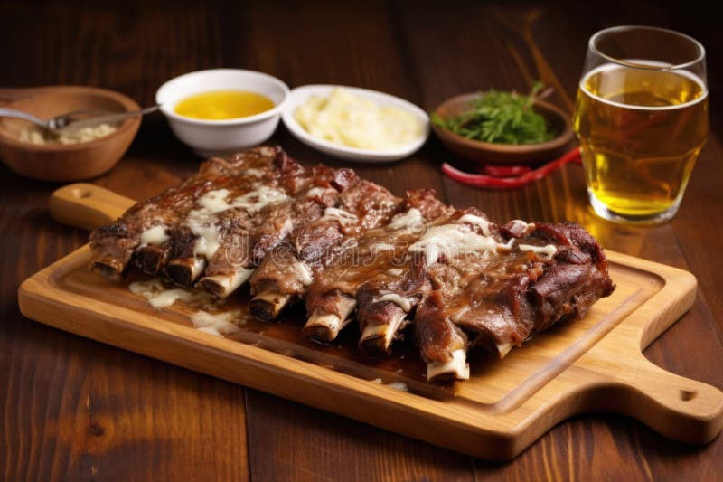 Ribs with Melted Cheese on Top, on a Wooden Tray Stock Image - Image of ...
