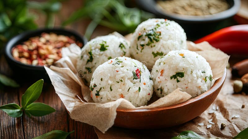 Rice Balls Wrapped in Paper with Fresh Herbs and Spices. Stock Photo ...