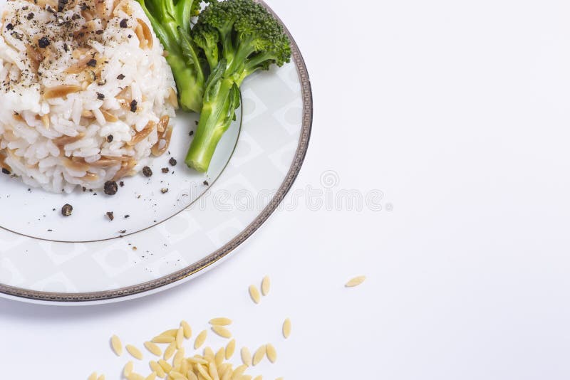 Rice with Barley Noodles and Fresh Broccoli on the Plate Stock Image ...