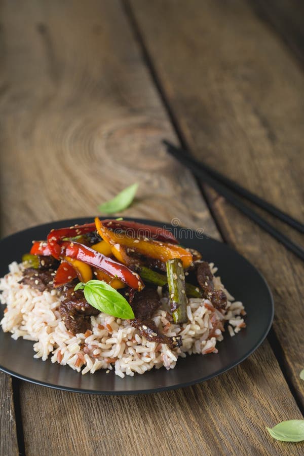 Rice with Beef and Fried Vegetables in Soy Sauce Stock Photo - Image of ...