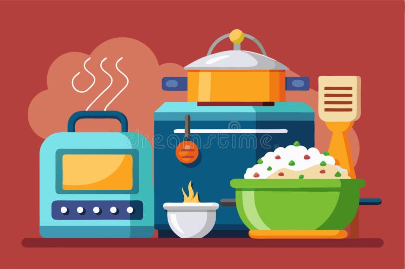 Rice is Boiling in a Microwave while a Slow Cooker Simultaneously Fries ...