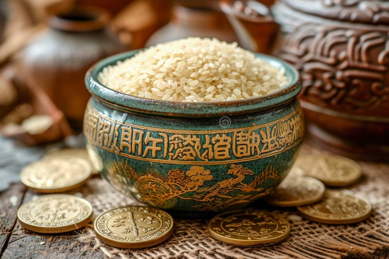 Rice in a Bowl Glass Container with Seven Chinese Coins Stock ...