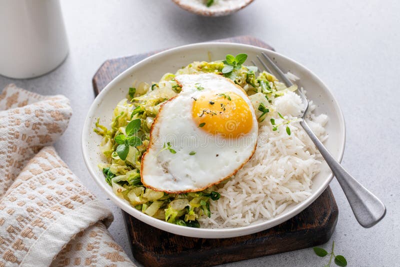 Rice Bowl with Sauteed Cabbage and Fried Egg, Healthy Lunch or ...